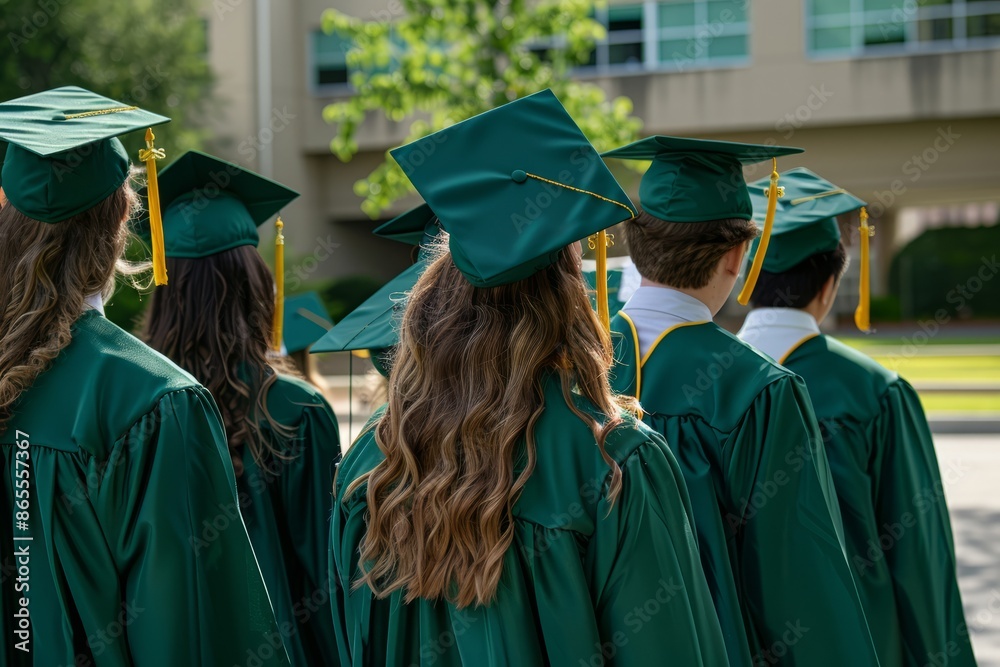 back view of group of students in green graduation gown and cap ...