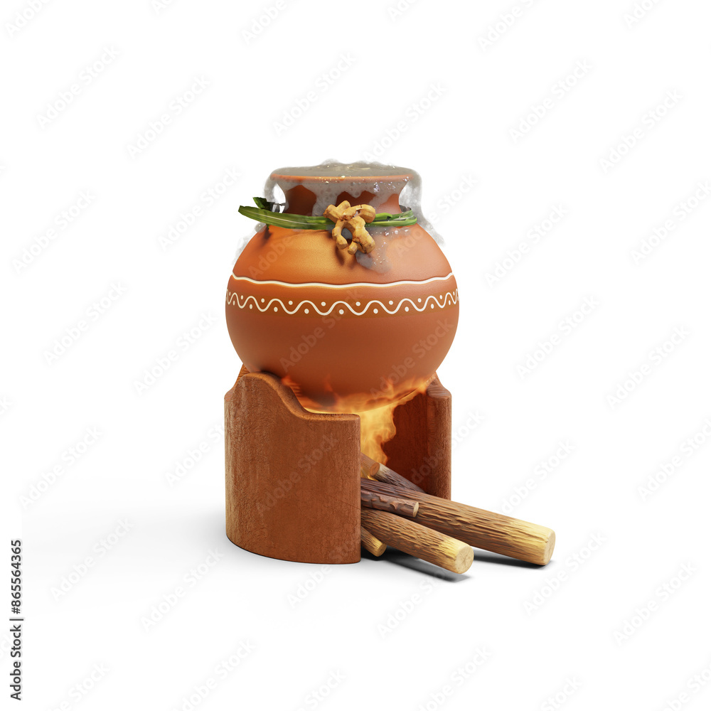 3d Pongal festival render in white backgorund , pongal on top fire pot ...