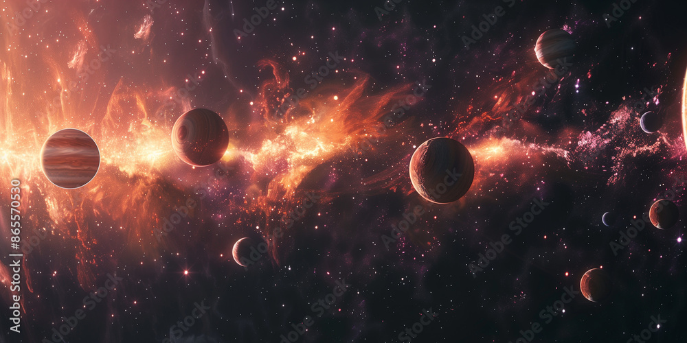Fantasy landscape of multiple planets in space, cosmic background with ...