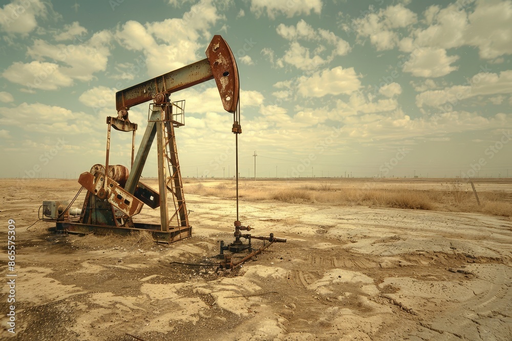 An old oil rig is in the middle of a desert. The rig is rusty and old ...