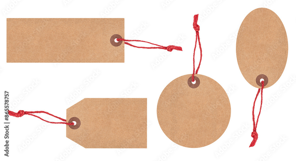 Set of blank paper tags of various shape with red twine isolated on ...
