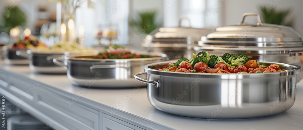Spotless buffet table with modern aesthetic, catering equipment ...