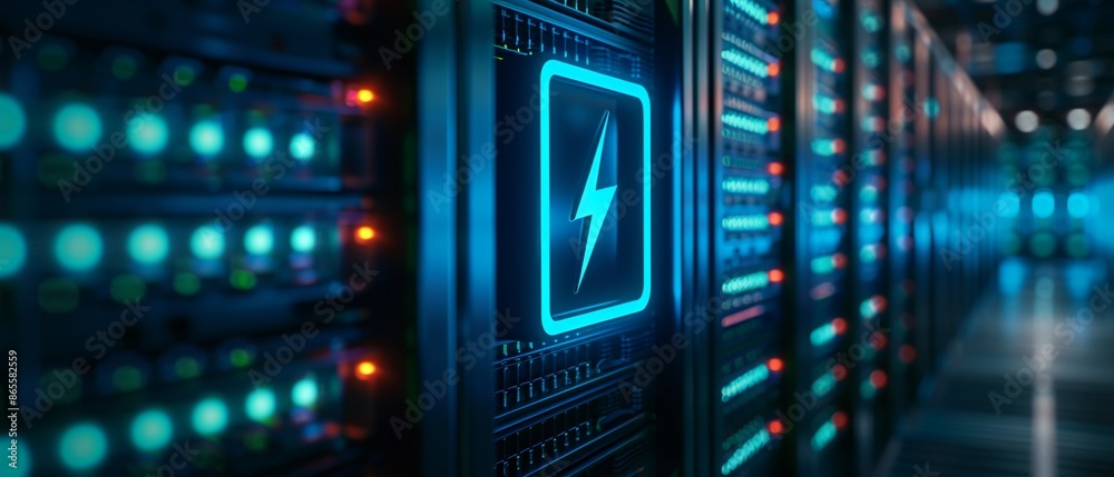 Hightech battery packs mounted on a wall, glowing blue lightning icon ...