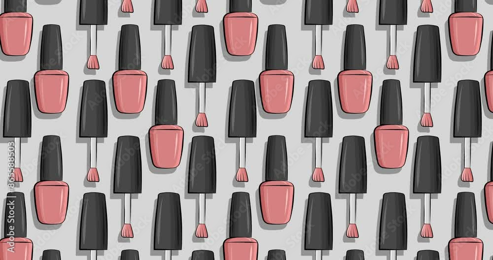 4K animated pattern of bottle of pink nail polish moving from left to ...