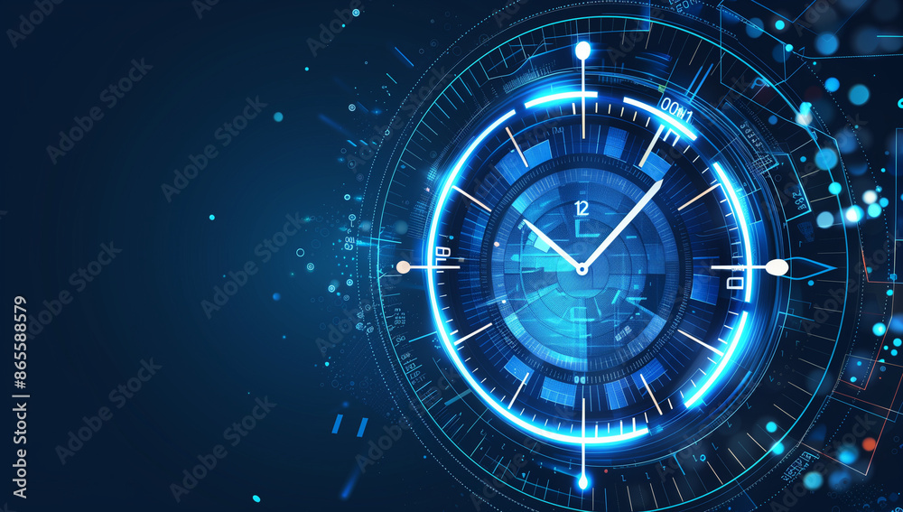 Blue time clock digital technology background vector presentation ...