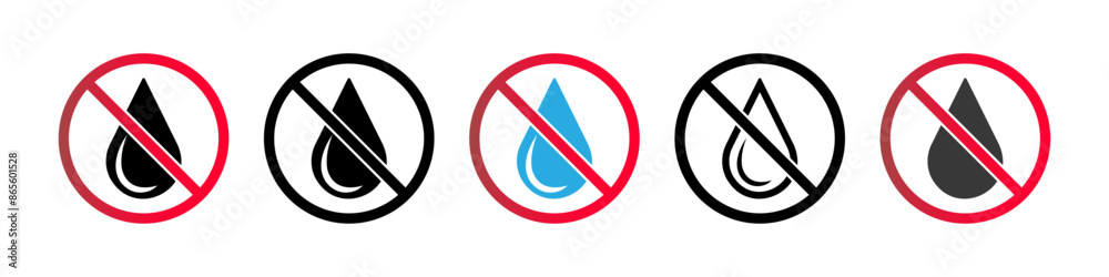 Set of no water drop sign symbol. No water-resistant icon. No water ...