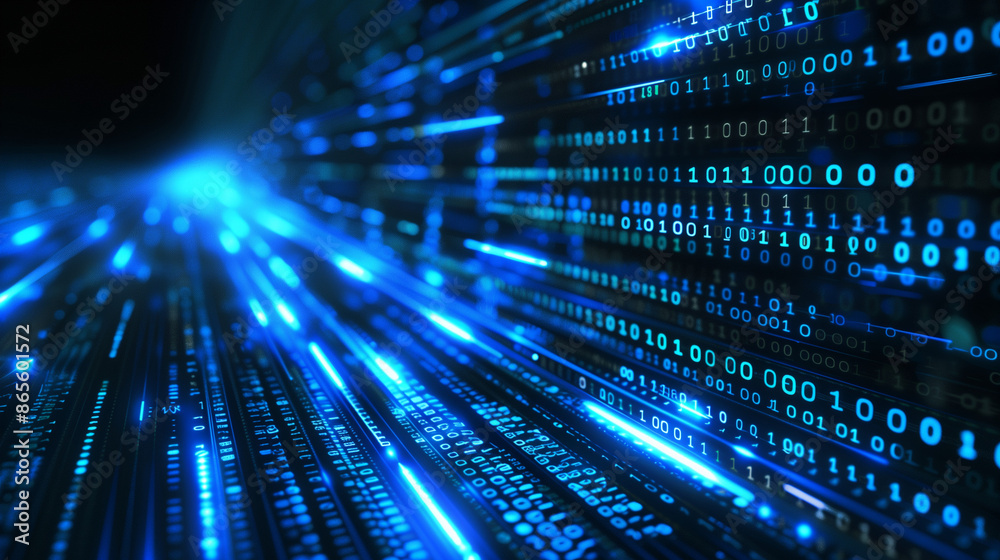 Abstract Digital Background With Blue Binary Code And Light Streaks On Black Representing Data