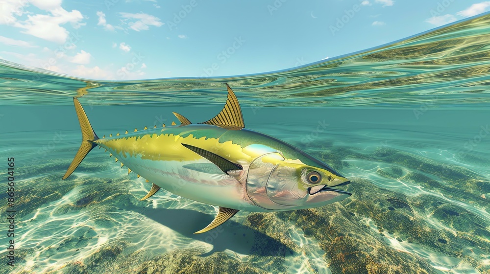 A large yellowfin tuna swims in the clear blue ocean. The fish is sleek ...