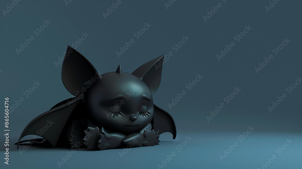 3D rendering of a cute black cartoon bat sleeping on blue background ...
