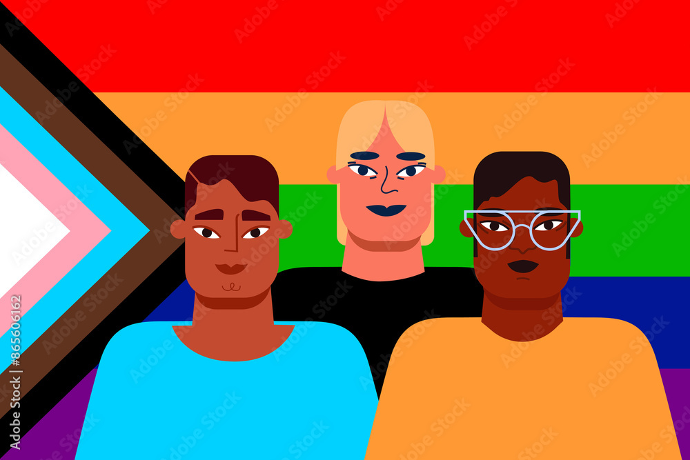A group of three people of different skin colors standing in front of ...