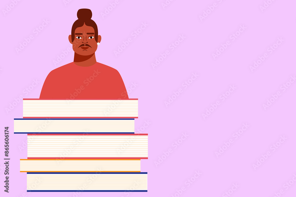 Black, brown young man, teenager standing behind books. Shaping the ...