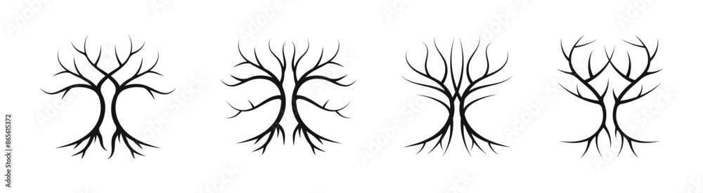 Tree branch icons. Tree silhouettes. Vector tree root. Tree symbols ...