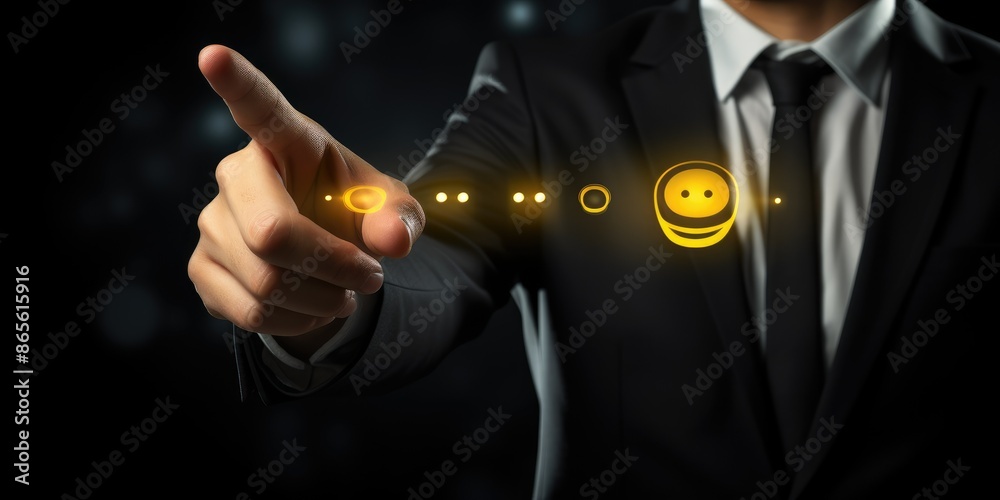 Finger of businessman touching and check mark icon face emoticon smile ...