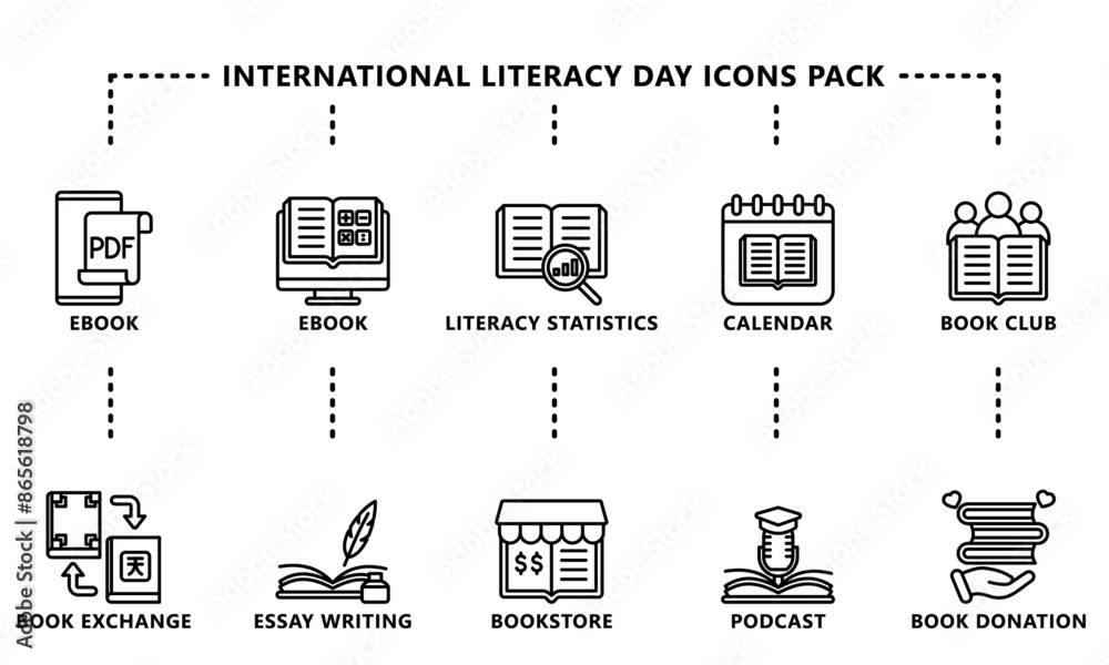 International Literacy Day black outline icons pack. contain book ...