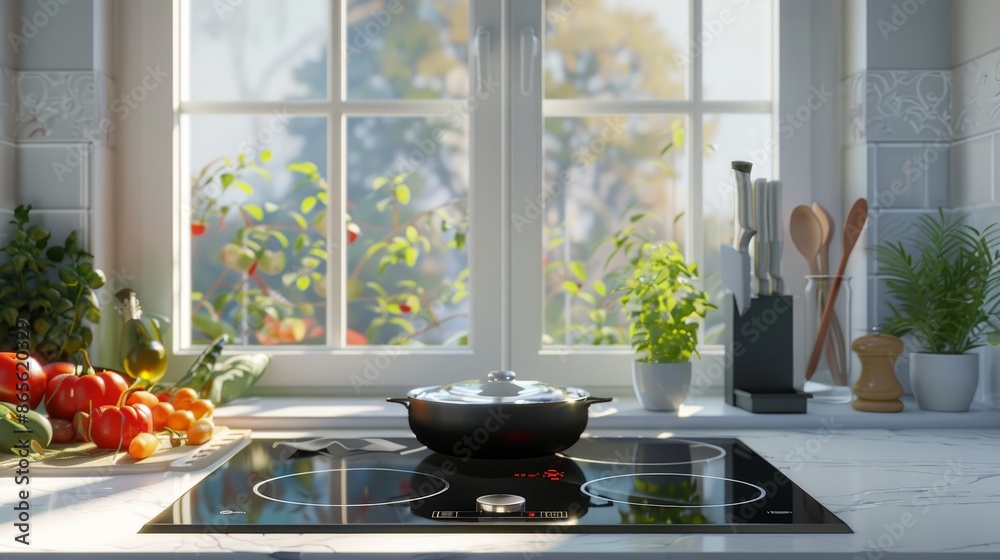 Modern kitchen with table, electric stove, utensils, vegetables by ...