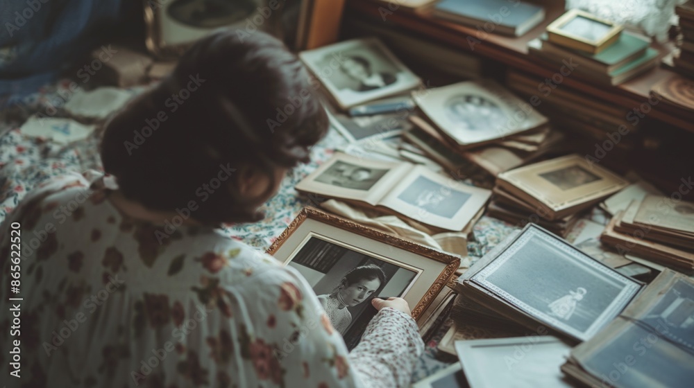 Siblings reminiscing over old family photos, sharing laughs and tears ...