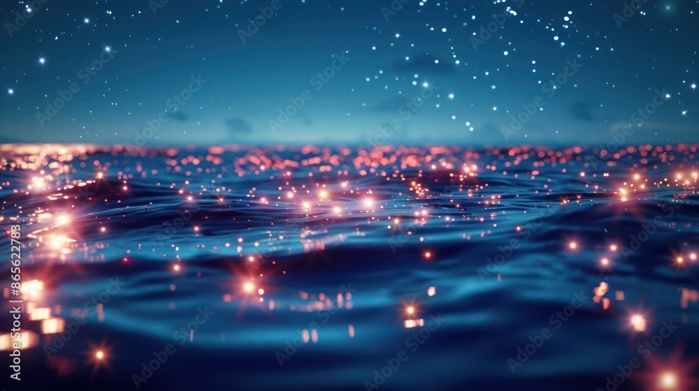 An image of a deep blue ocean at night, lit by rose gold light ...