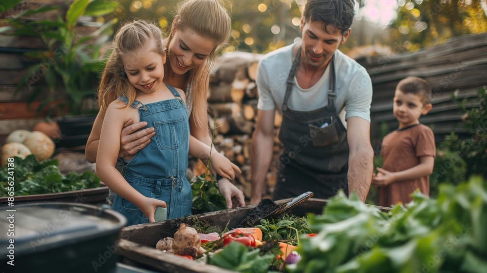 Family using a compost bin for organic waste Composting reduces ...