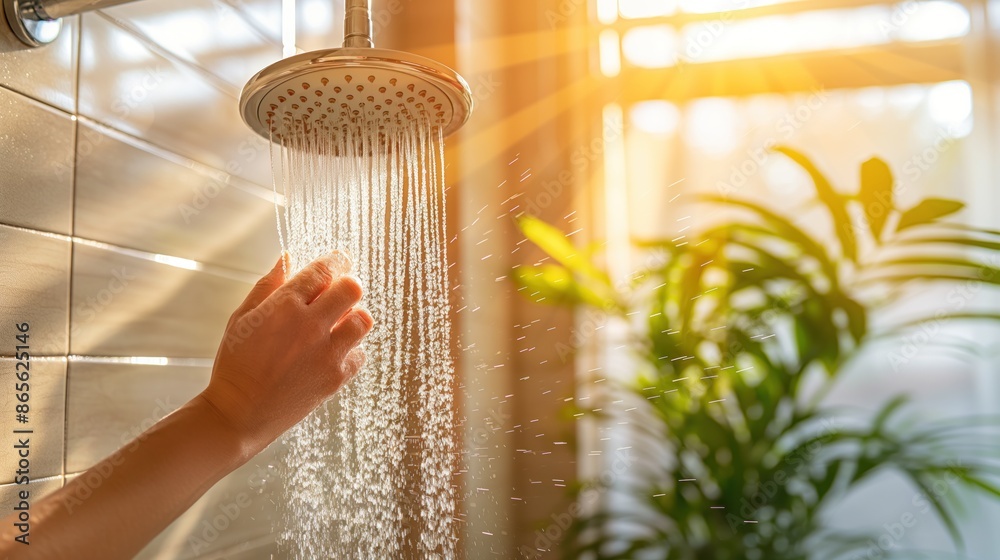 Person using a low-flow showerhead to conserve water Installing water ...