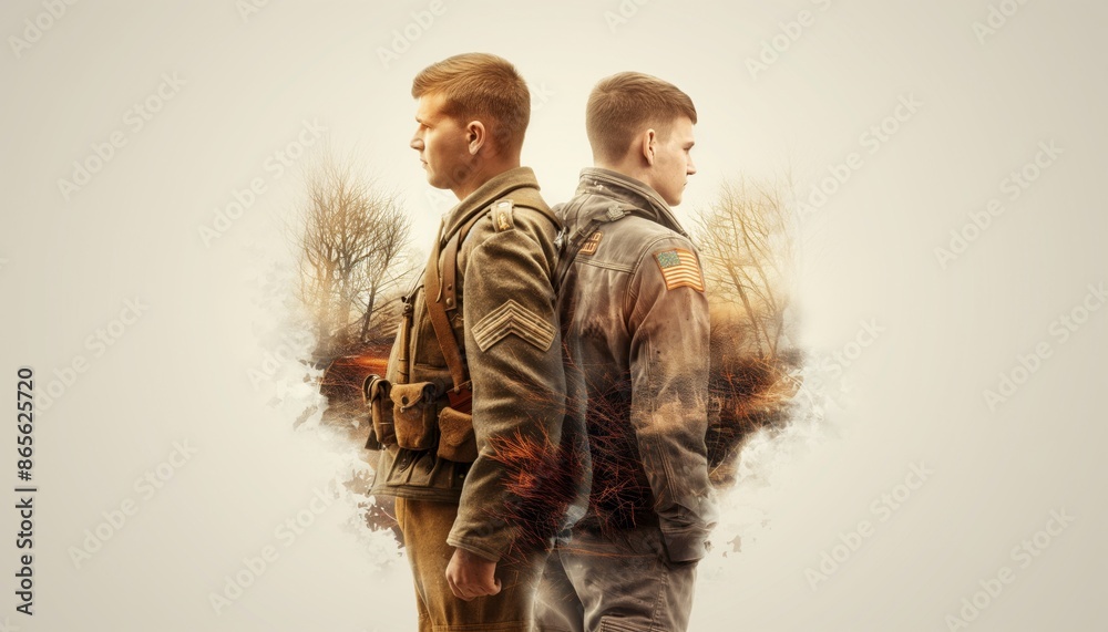 Two soldiers stand back to back in different military uniforms against ...