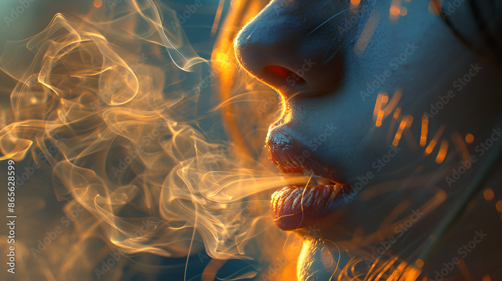 a person's face, focusing on the mouth and the act of inhaling from a ...