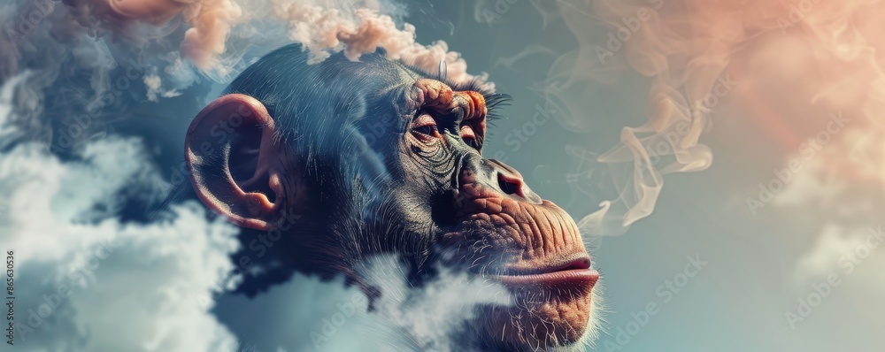 Close-up of a contemplative monkey with smoke swirling around its head ...