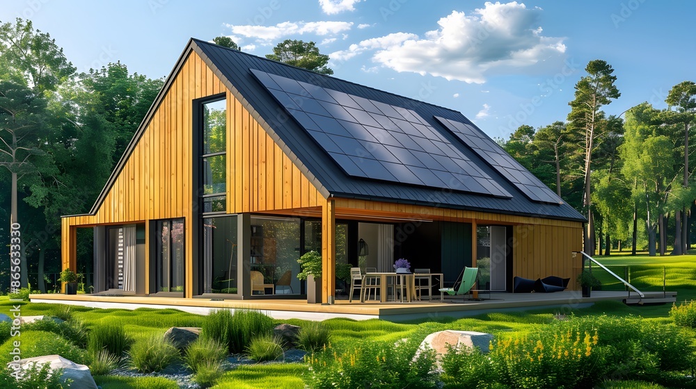 Modern A-frame home with solar panels on roof, showcasing sustainable ...