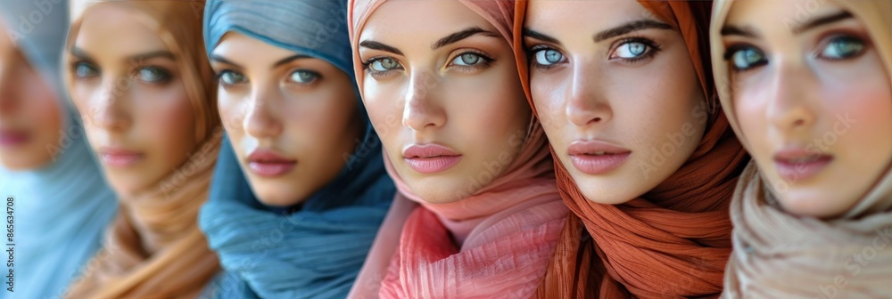 Five Beautiful women wearing colorful hijabs. Concept of diversity ...