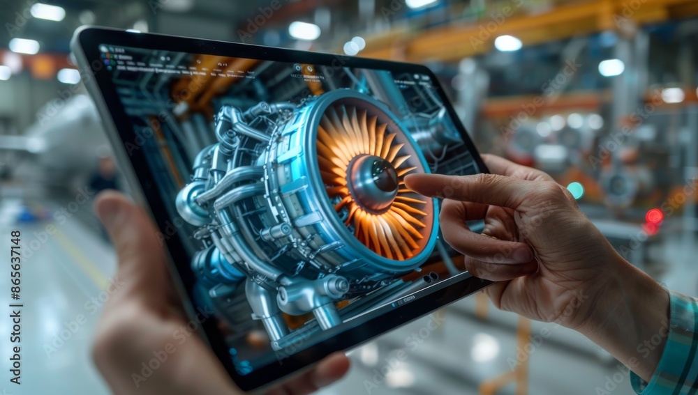 Engineer using iPad Pro to visualize detailed 3D rendering of turbojet ...