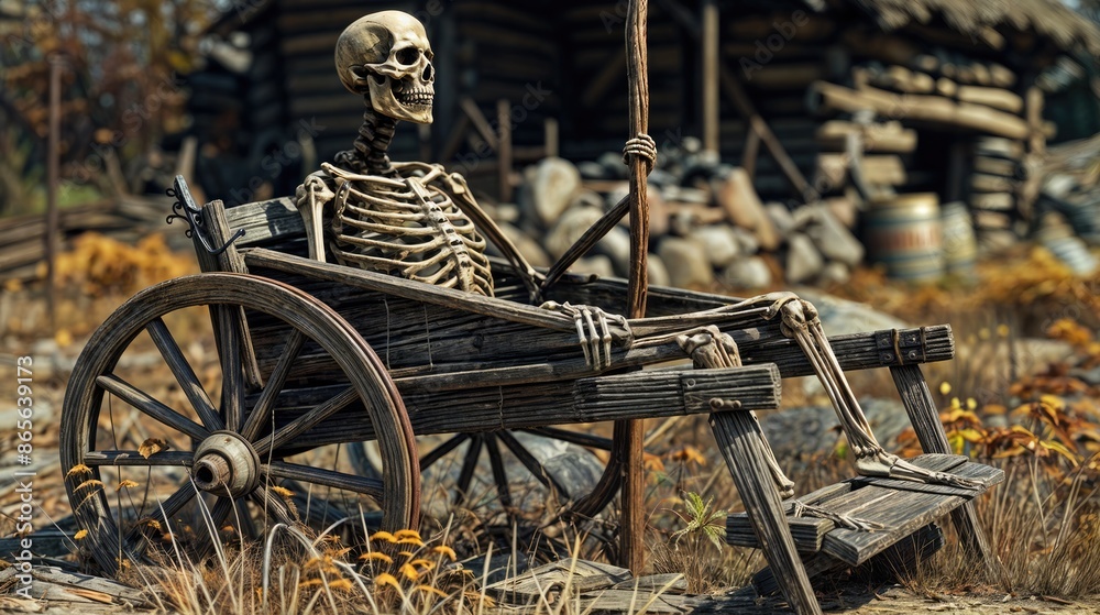 Ancient skeleton seated in a weathered cart, gripping a ceremonial ...