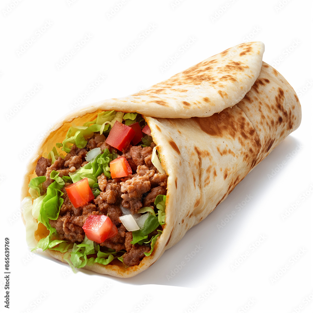 Tacos ou burritos mexicanos de fast food. Tortilha frita, alface ...