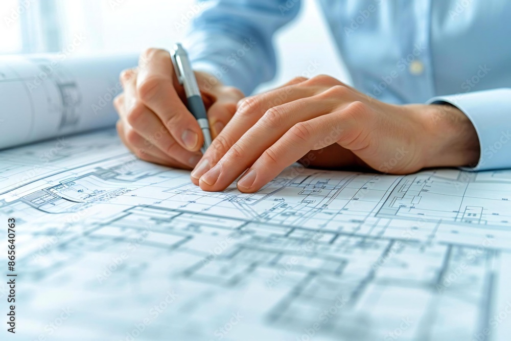 Close-up of Architect Hands Working on Blueprint - in this shot, the ...
