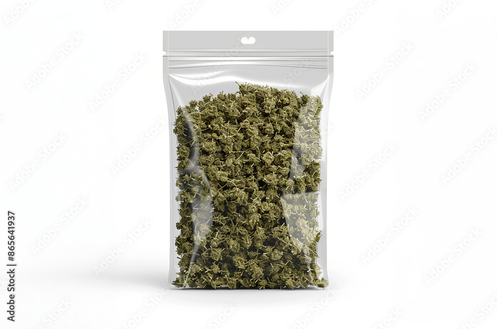 very dark green marijuana crumble in zip lock style 3d white background ...
