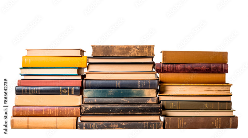 Old book stack with worn out paper and torn out pages on transparent ...