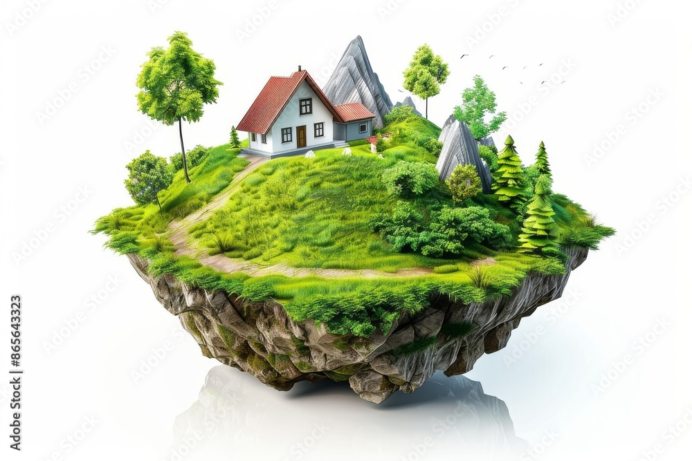 3D illustration of Floating island with city building and flying green ...