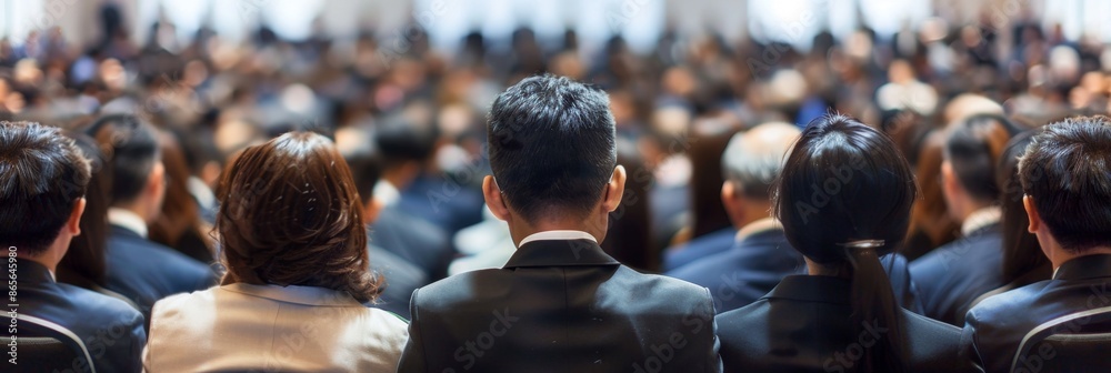 Blurred image of business people at conference back view, blurry audience, conference concept ...