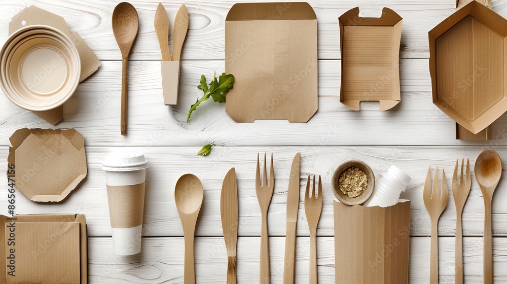 Eco-friendly disposable tableware set on a wooden background. Brown ...