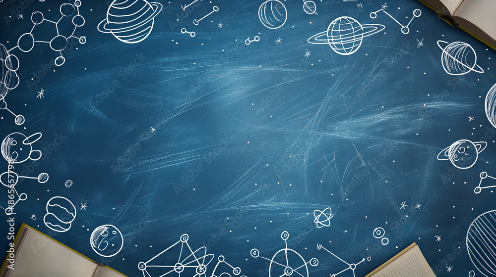 Blue chalkboard background with white drawings of planets, books, and ...