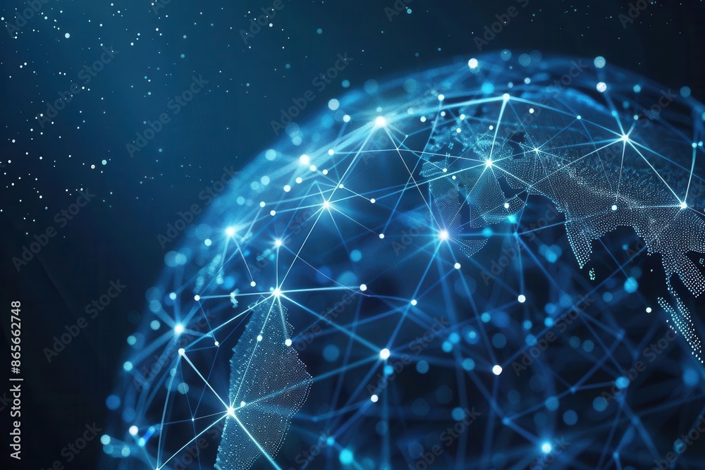 abstract digital network interconnected nodes forming a globe data streams geometric patterns ...