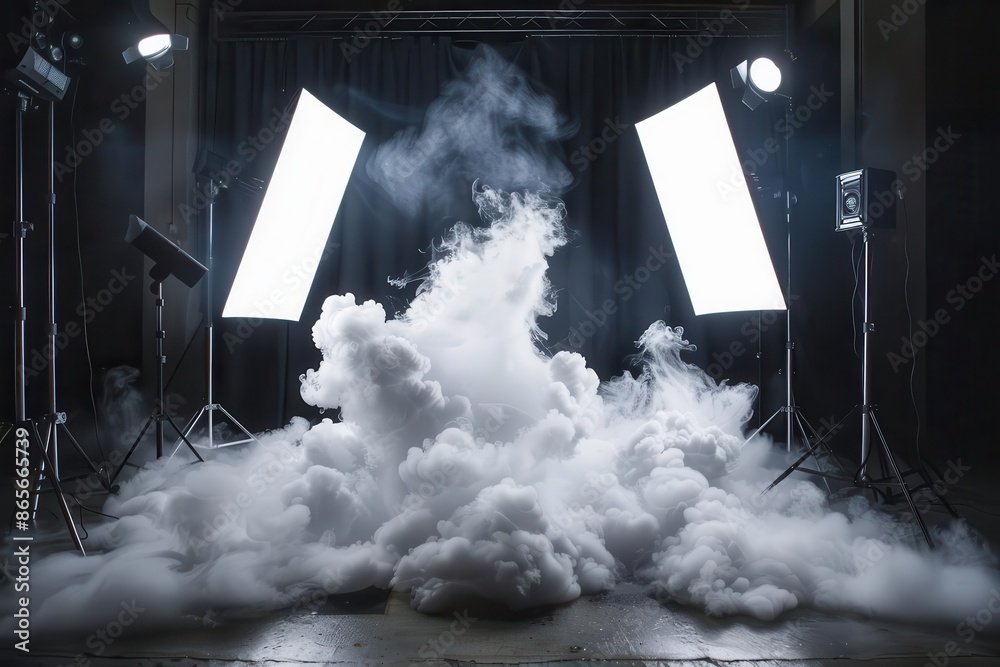dramatic studio setup with billowing white smoke against a deep black ...