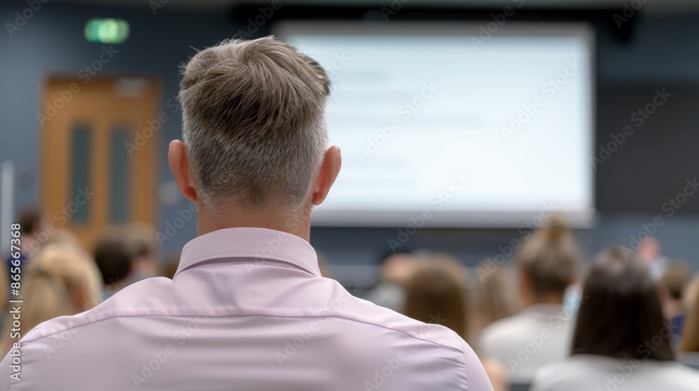Shot from behind the audience in a lecture hall, presenter at the ...