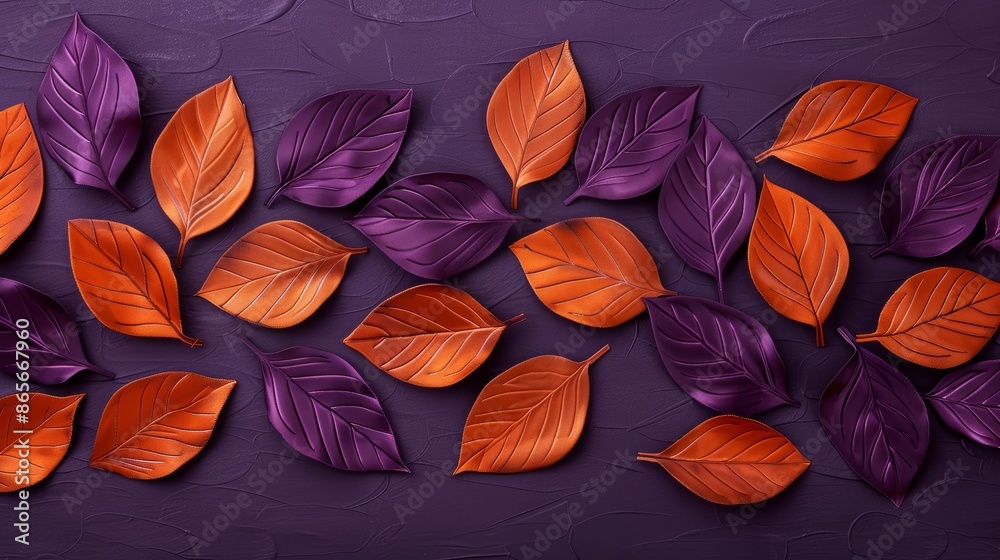 Rich violet backdrop adorned with dry orange metallic leaves, the ...