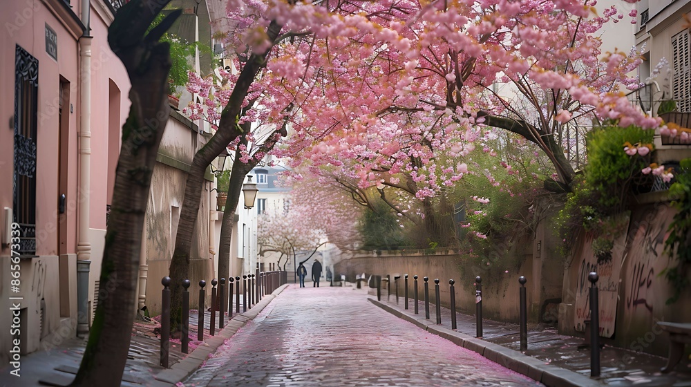 Foto de Charming cherry blossom alley Paris France during spring bloom ...