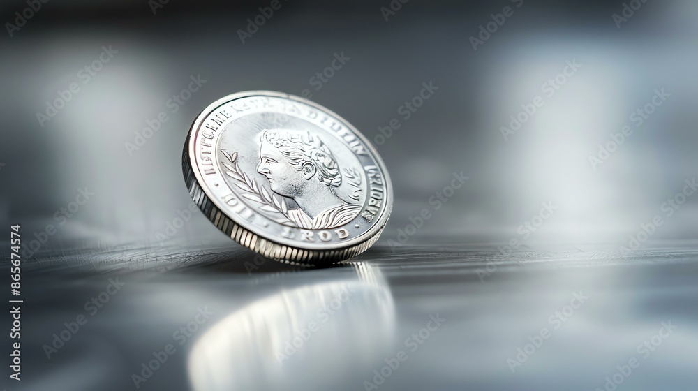 A silver coin is placed on a reflective surface. The coin is tilted at ...