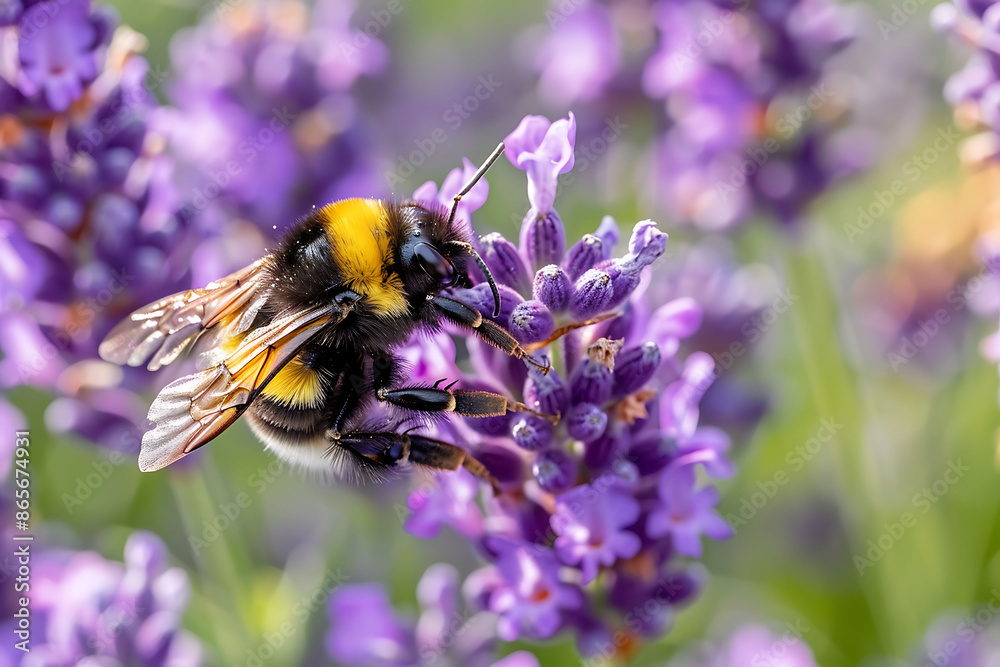 Detailed closeup of bumblebee covered pollen gather nectar blooming ...