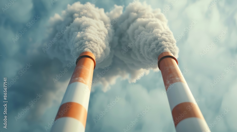 Smokestacks releasing thick plumes of smoke into a cloudy sky ...