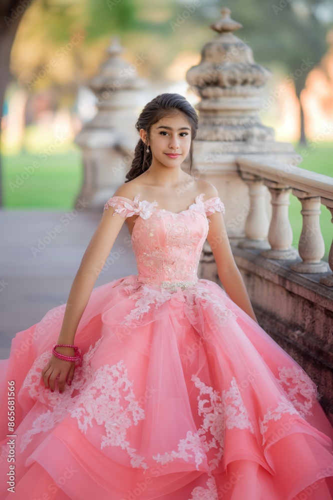 Smiling Hispanic teenage girl posing wearing her quinceanera fancy ...