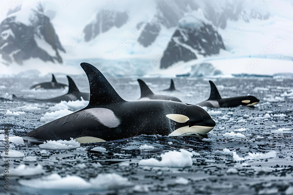 Pod of orcas swimming icy waters of Antarctic Peninsula Stock Photo ...