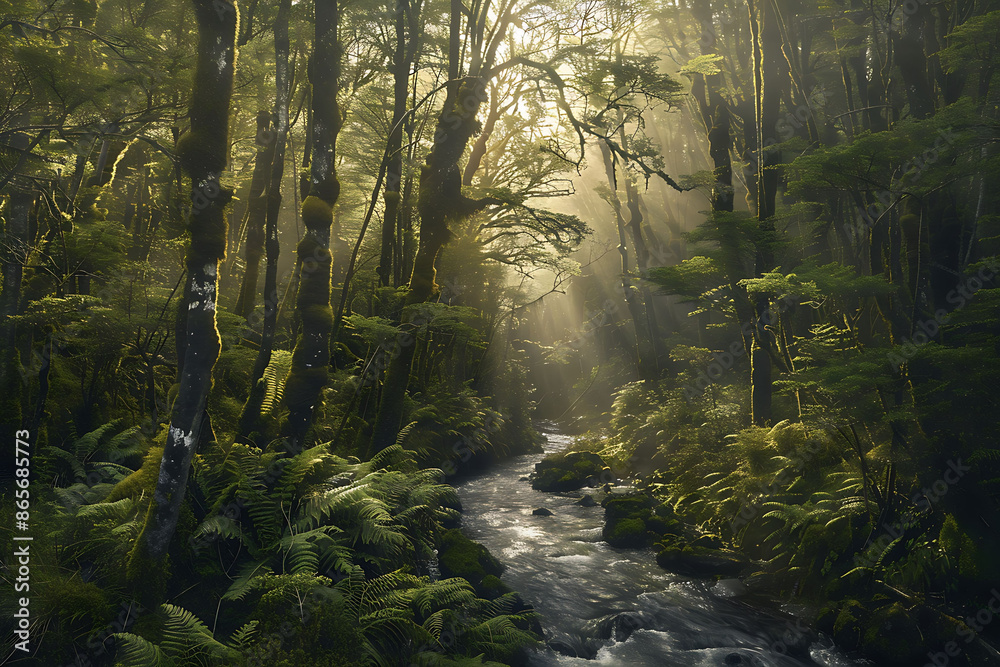 Foto de Serene landscape of the Valdivian Temperate Rainforest in Chile ...