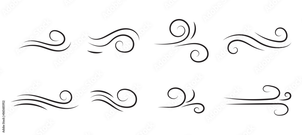 Doodle wind motion. Isolated vector set of abstract air swirls, blow ...